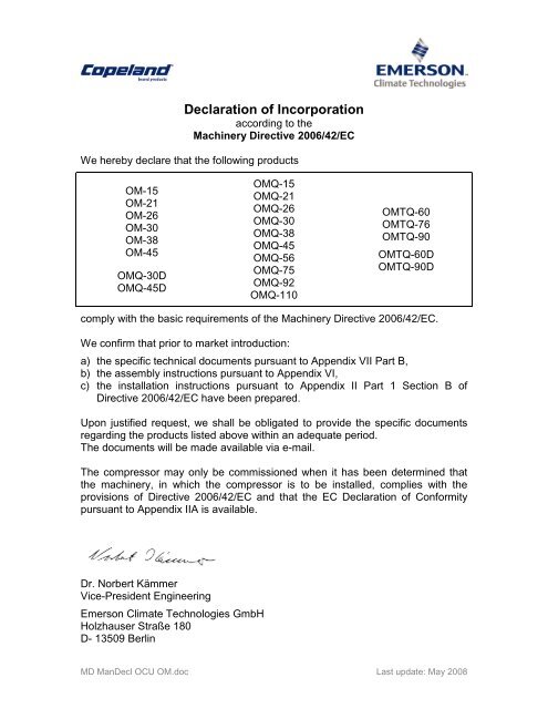 Declaration of Incorporation - Emerson Climate Technologies