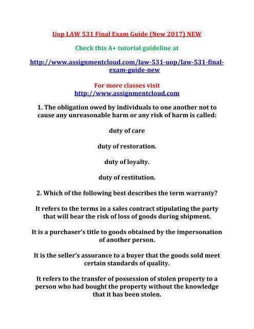 Uop LAW 531 Final Exam Guide
