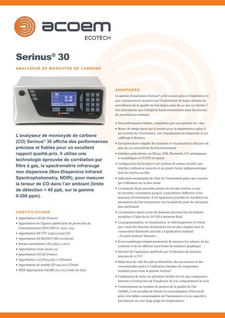ACOEM Ecotech Serinus 30 CO Gas Analyser spec sheet (Français)