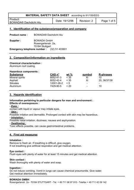MATERIAL SAFETY DATA SHEET according to 91/155 ... - Bowada