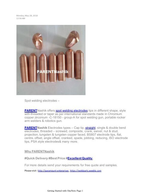 Resistance welding electrodes –Paramount Enterprises