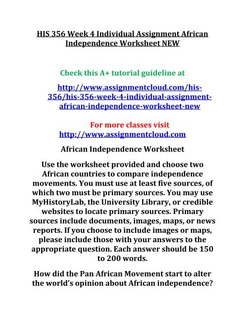 HIS 356 Week 4 Individual Assignment African Independence Worksheet NEW
