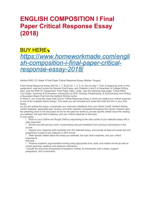 ENGLISH COMPOSITION I Final Paper Critical Response Essay (2018)