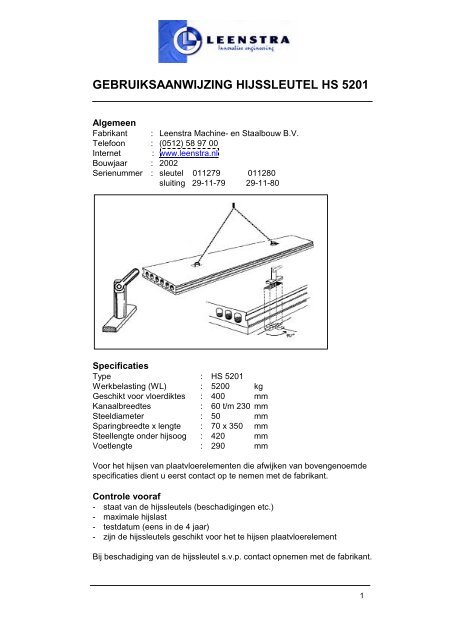 gebruiksaanwijzing hijssleutel hs 5201 - Betonson