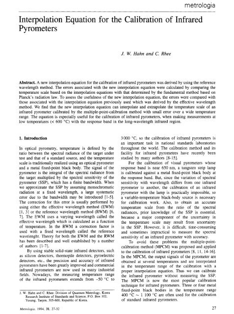 Interpolation Equation for the Calibration of Infrared Pyrometers