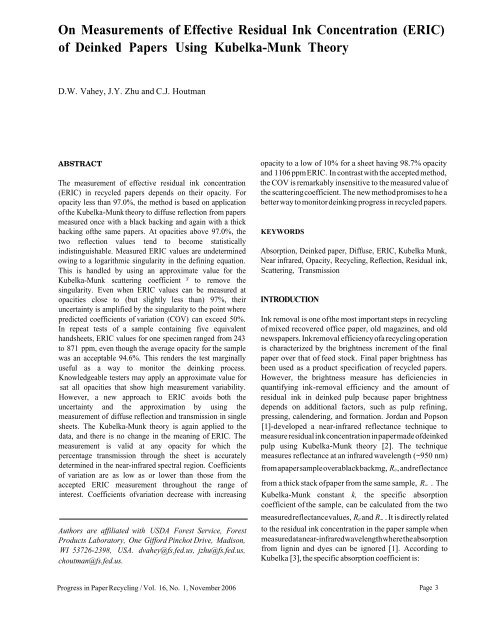 (ERIC) of Deinked Papers Using Kubelka-Munk Theory