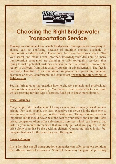Choosing the Right Bridgewater TransportationService
