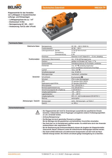 Technisches Datenblatt NM230A-TP - Belimo