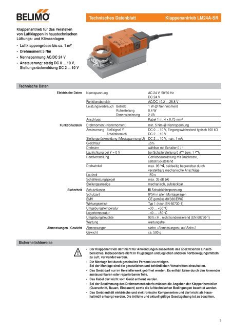 Technisches Datenblatt Klappenantrieb LM24A-SR - Belimo