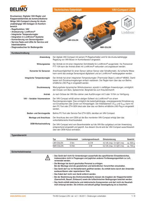 Technisches Datenblatt VAV-Compact LON - Belimo