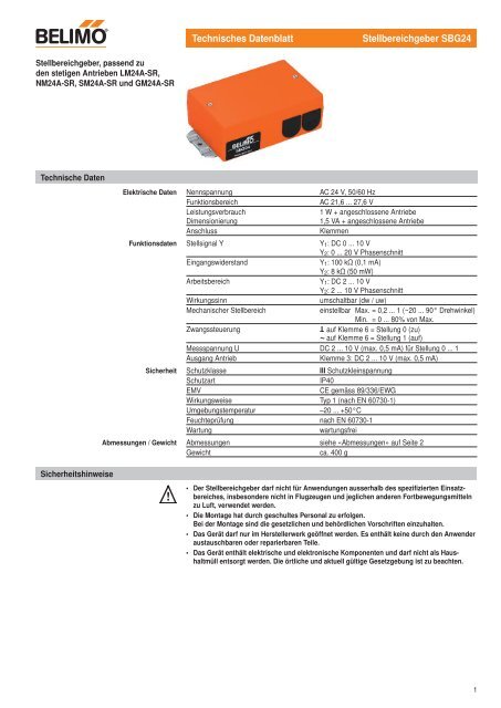 Technisches Datenblatt Stellbereichgeber SBG24 - Belimo
