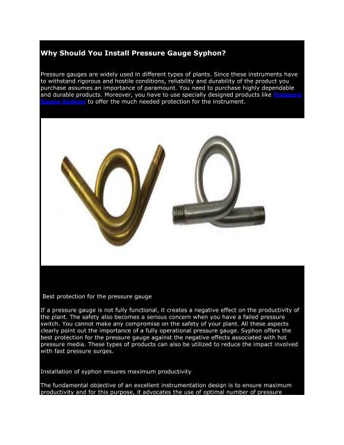 Why Should You Install Pressure Gauge Syphon