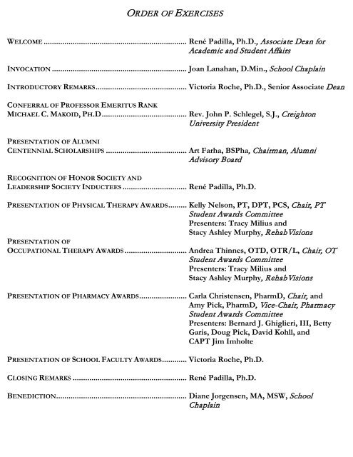 ORDER OF EXERCISES Academic and Student Affairs University ...