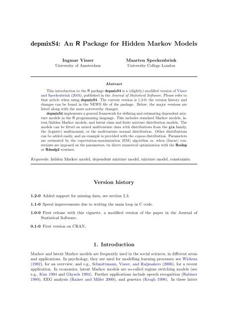 depmixS4: An R Package for Hidden Markov Models - The ...