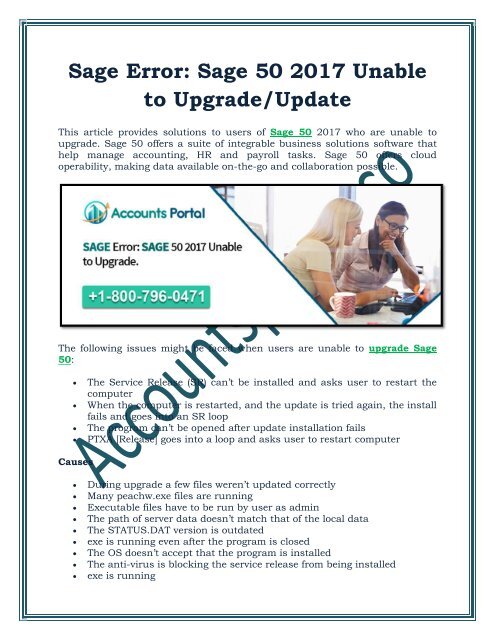 Sage Error: Unable to Upgrade/Update Sage 50 2017 - 1800-796-0471