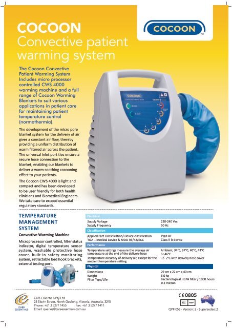 15010KAT001E COCOON Convective patient warming system