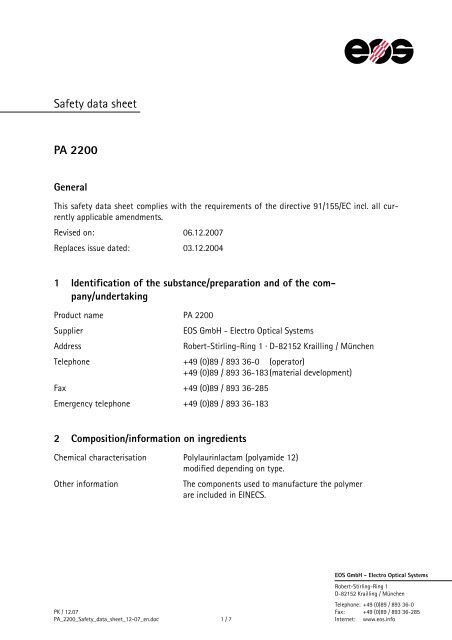 Safety data sheet PA 2200 - 3D Worknet