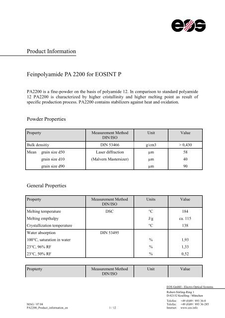 Product Information Feinpolyamide PA 2200 for EOSINT P