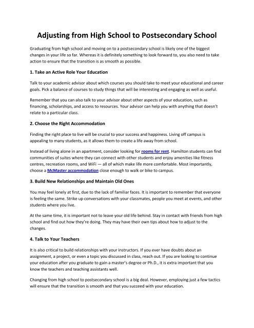 Adjusting from High School to Postsecondary School