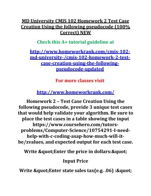 Md University Cmis 102 Homework 2 Test Case Creation Using The Following Pseudocode