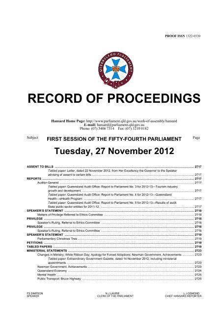 RECORD OF PROCEEDINGS - Queensland Parliament ...