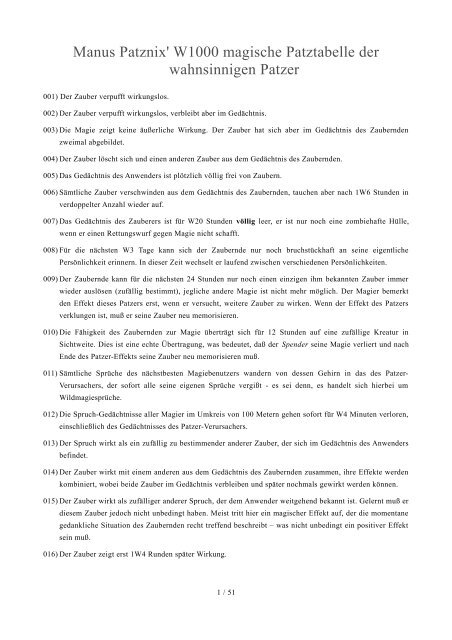 Manus Patznix' W1000 magische Patztabelle der wahnsinnigen Patzer