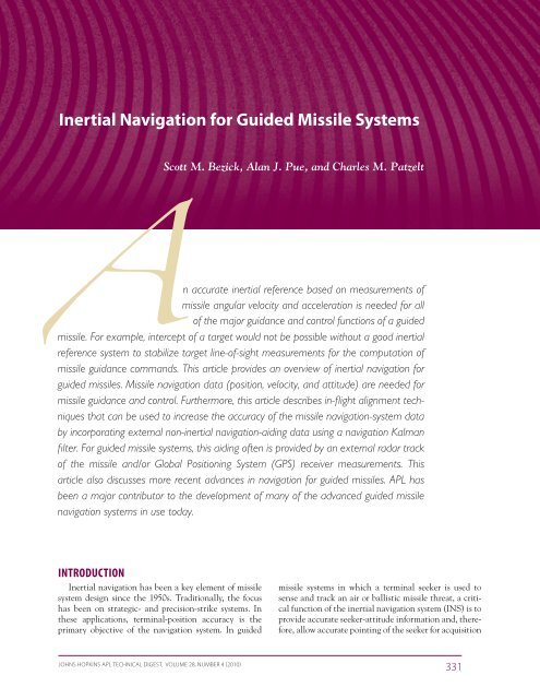 Inertial Navigation for Guided Missile Systems - Johns Hopkins APL ...