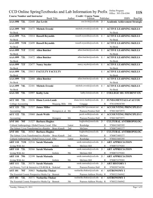 CCD Online SpringTextbooks and Lab Information by Prefix 11S