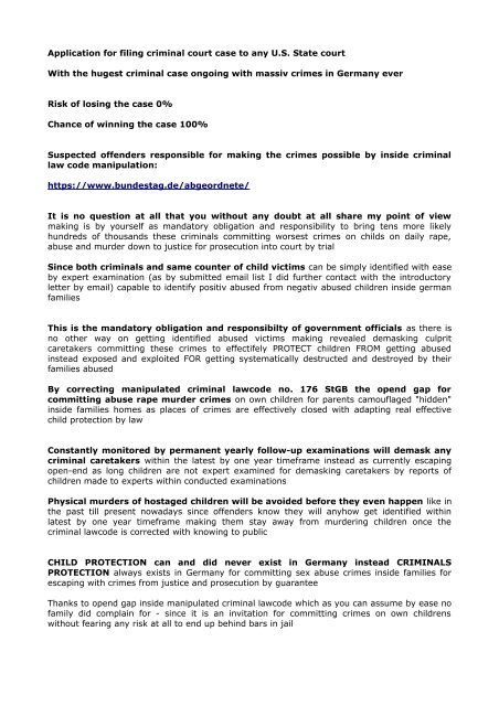 Application for filing criminal court case any U.S. State court against ...