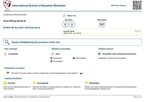 Song Writing Unit Plan - Grade 8 - June 2018