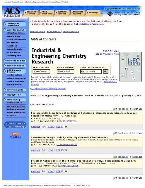 Industrial & Engineering Chemistry Research Table of Contents Industrial & Engineering Chemistry Research Table of Contents
