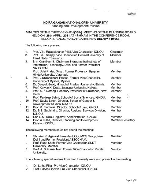 INDIRA GANDHI NATIONAL OPEN UNIVERSITY Planning ... - IGNOU