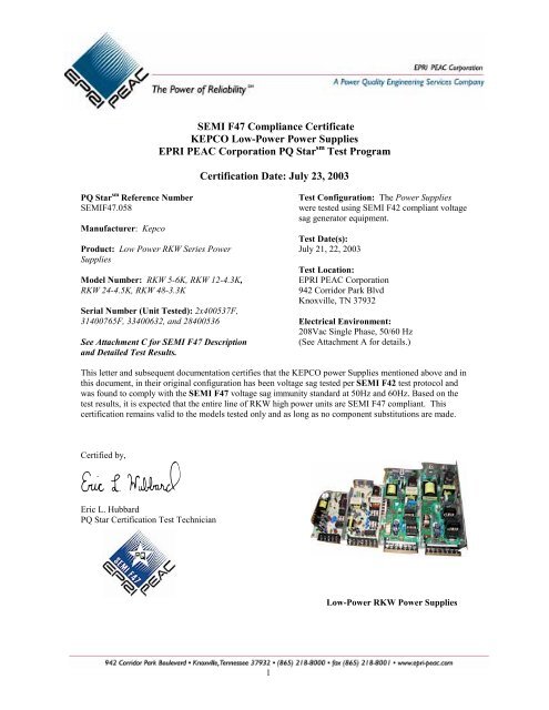 SEMI F47 Compliance Certificate