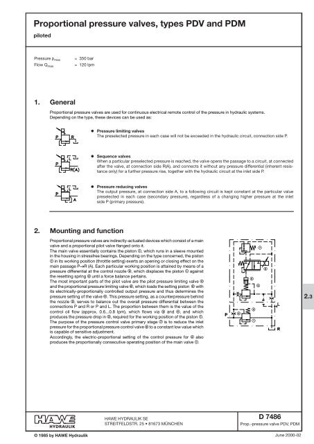 Proportional pressure valves, types PDV and PDM