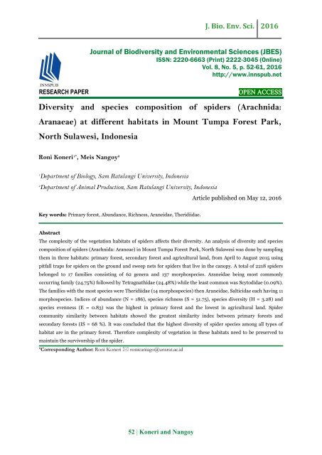 Diversity and species composition of spiders (Arachnida: Aranaeae) at ...