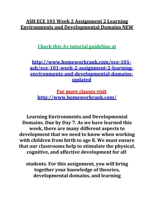 ASH ECE 101 Week 2 Assignment 2 Learning Environments and Developmental ...