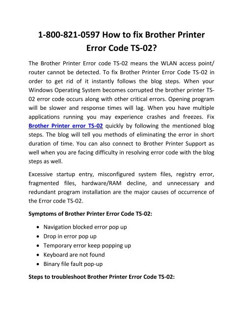 1-800-821-0597 How to fix Brother Printer Error Code TS-02