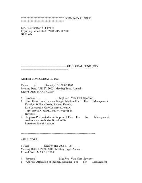 FORM N-Px REPORT - GE Asset Management