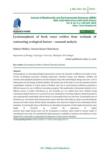 Cyclomorphosis of fresh water rotifers from wetlands of contrasting ...