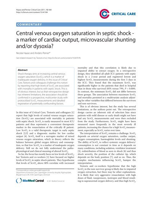Central venous oxygen saturation in septic shock - a marker of ...