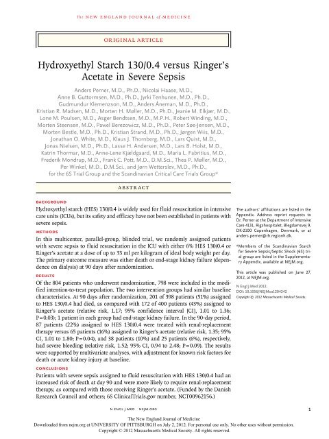 Hydroxyethyl Starch 130/0.4 versus Ringer's Acetate in Severe Sepsis