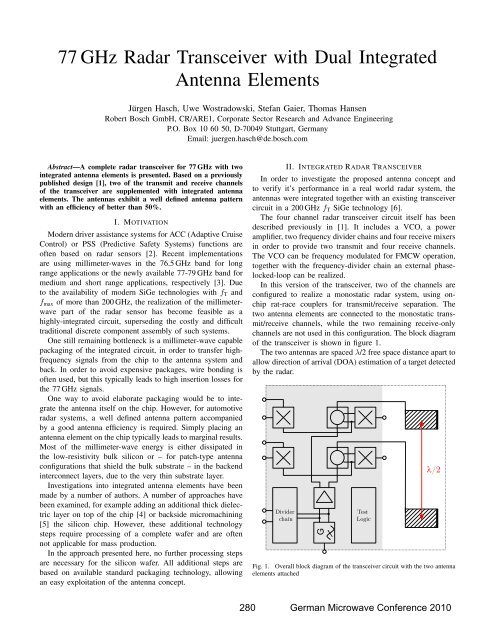 77GHz Radar Transceiver with Dual Integrated Antenna Elements