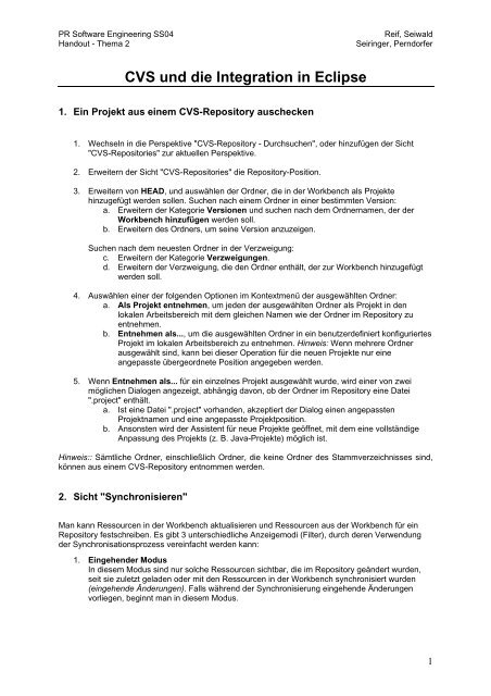 CVS und die Integration in Eclipse - Software Engineering
