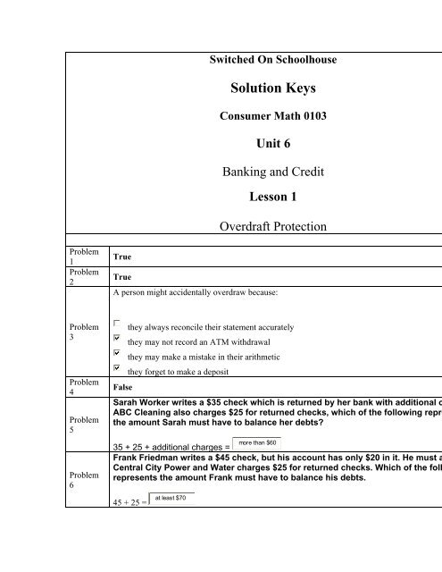Switched On Schoolhouse Solution Keys Consumer Math 0103 Unit 6