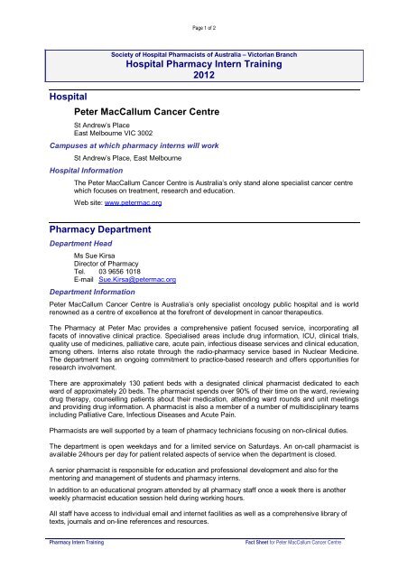 Hospital Pharmacy Intern Training 2012 Hospital Peter MacCallum ...