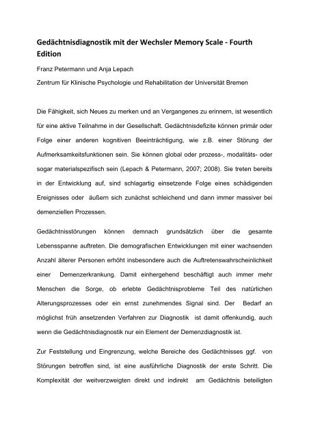 Gedächtnisdiagnostik mit der Wechsler Memory Scale - Pearson ...