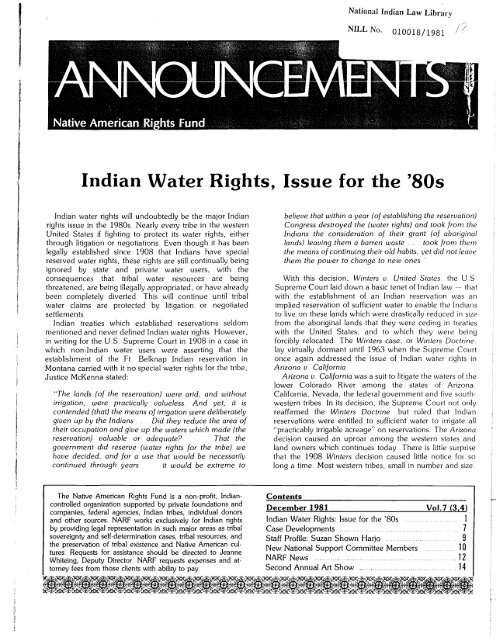 Indian Water Rights, Issue for the '80s - Native American Rights Fund