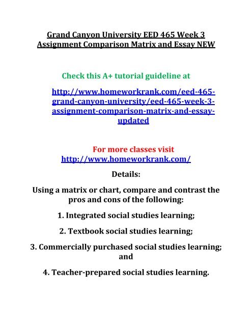 Grand Canyon University EED 465 Week 3 Assignment Comparison Matrix and ...