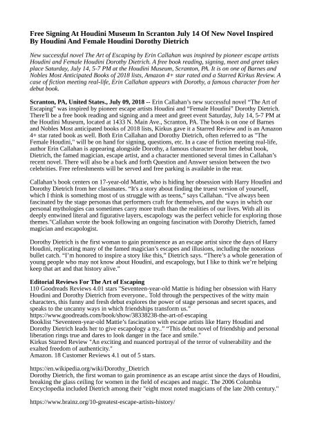 Free Signing At Houdini Museum In Scranton July 14 Of New Novel ...