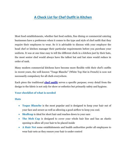 A Check List for Chef Outfit in Kitchen